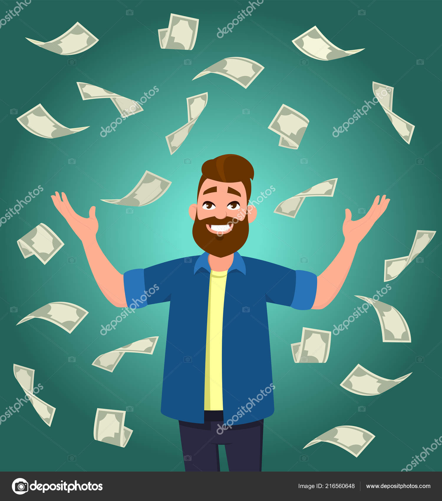 Bargeld Geld Geldscheine Fallen Den Jungen Mann Herum Fallendes Geld ...