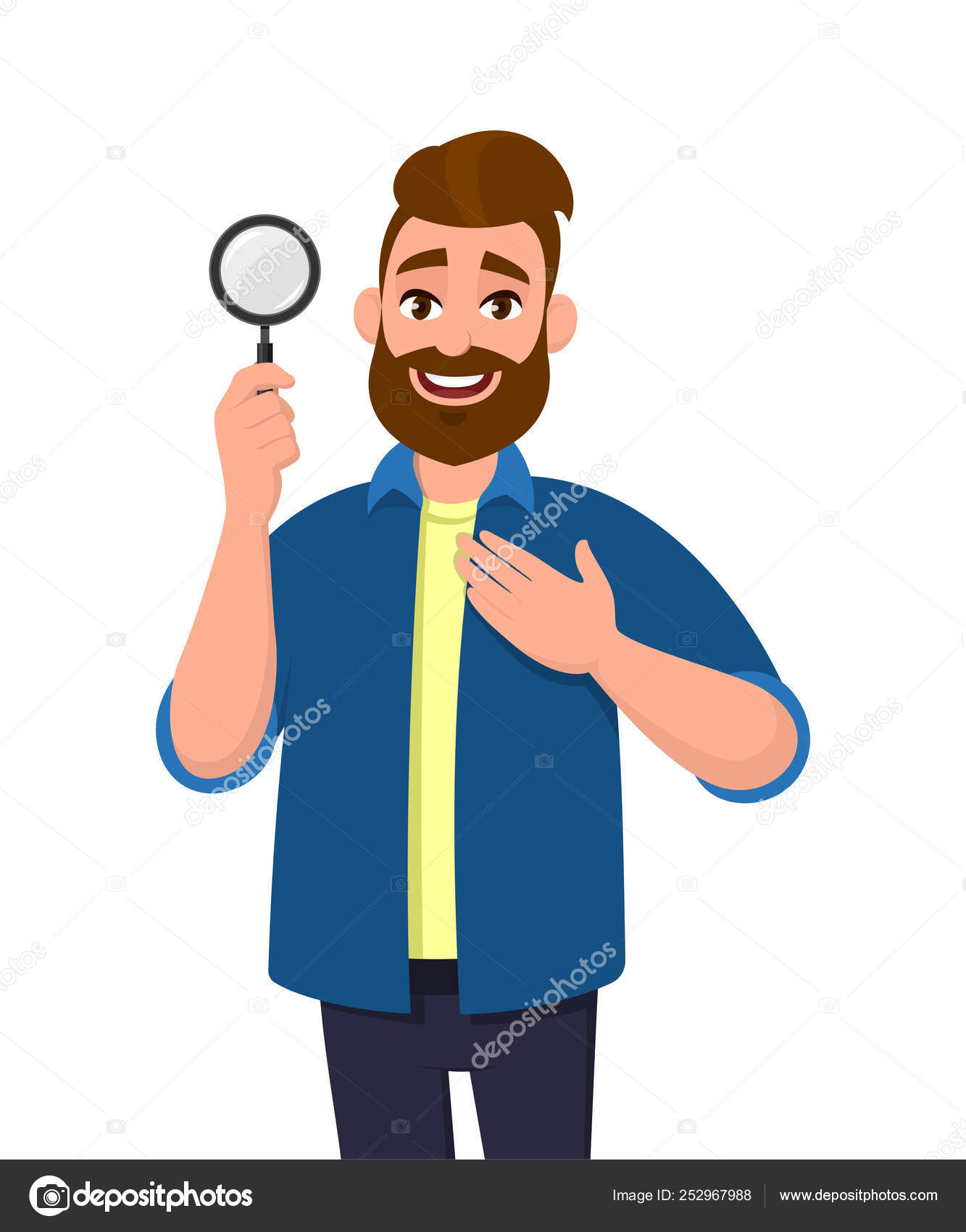 Joven inteligente sosteniendo / mostrando lupa y sosteniendo la mano en ...