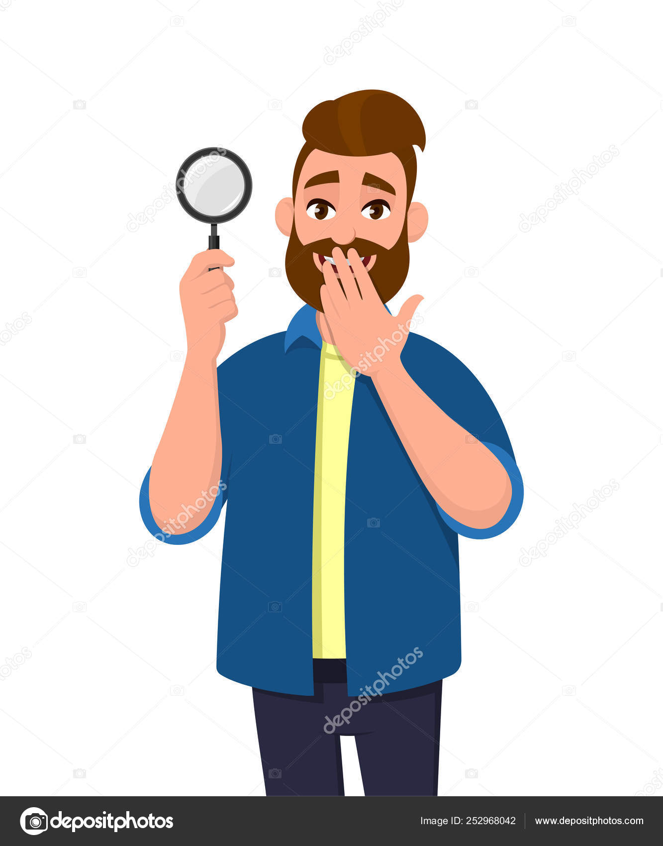 Smiling young man holding/showing magnifying glass and covering hand on ...