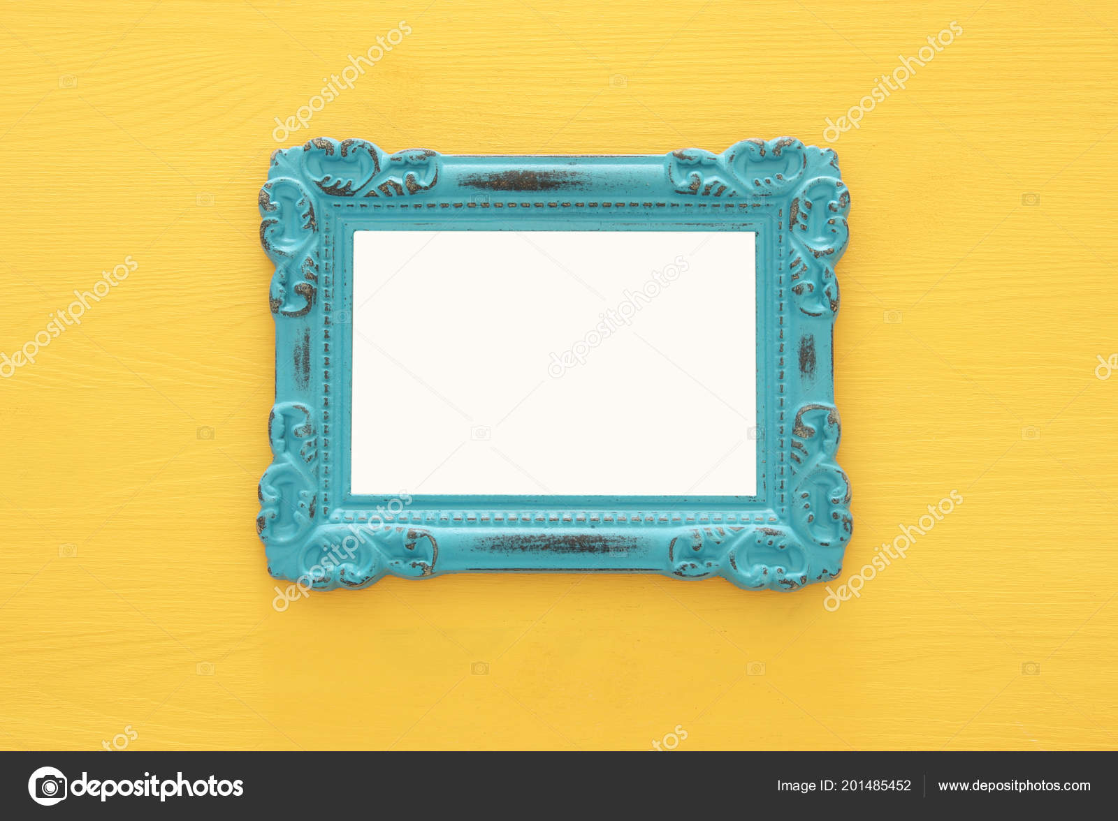 Vintage Blank Blue Photo Frame Yellow Background Ready Photography ...