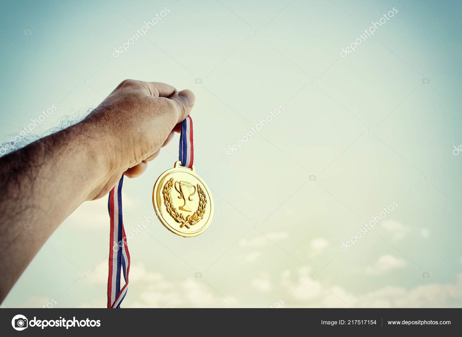 Man Hand Raised Holding Gold Medal Sky Award Victory Concept — Stock ...