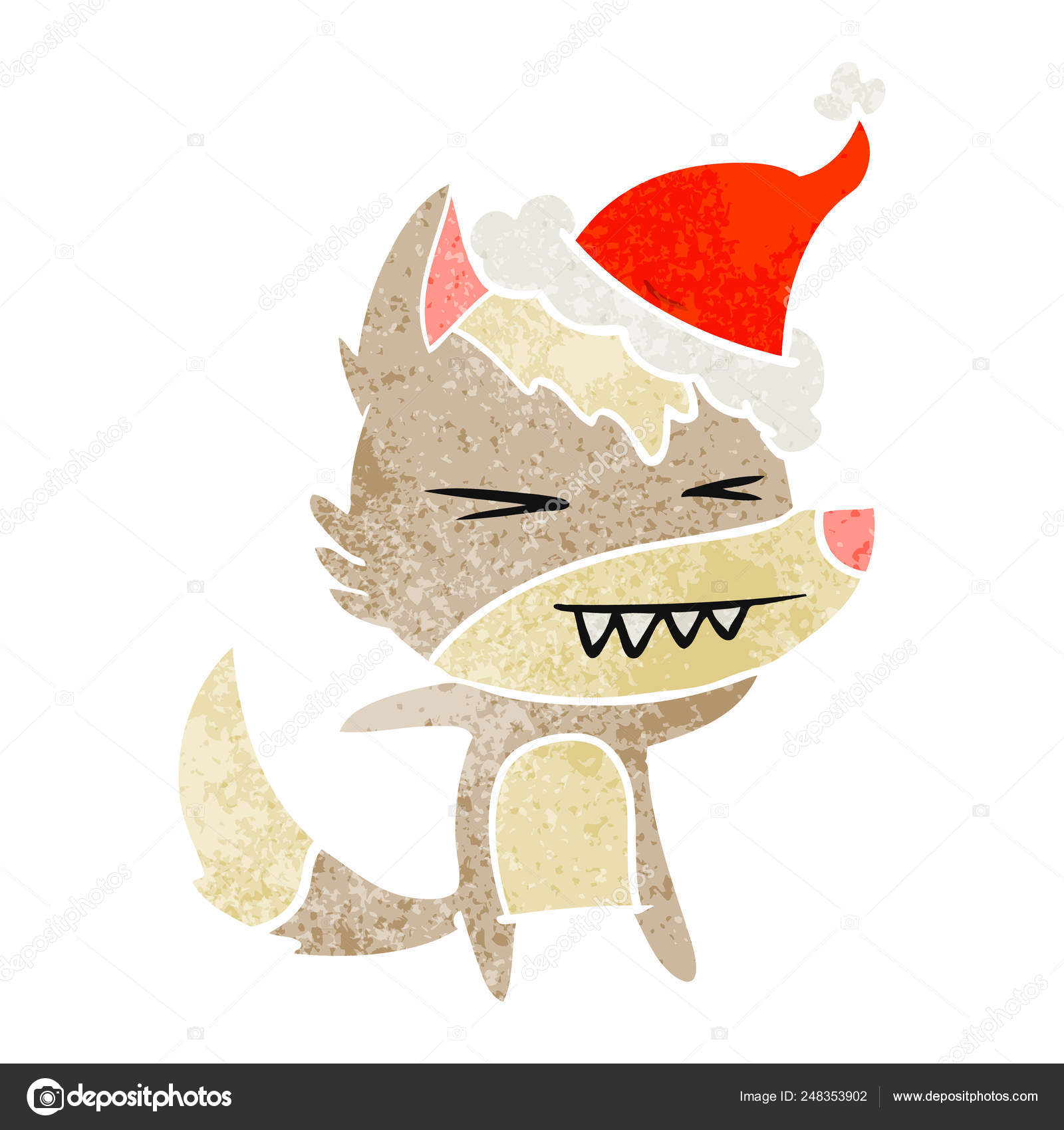 Lobo Enojado Dibujado Mano Dibujos Animados Retro Sombrero Santa Claus ...