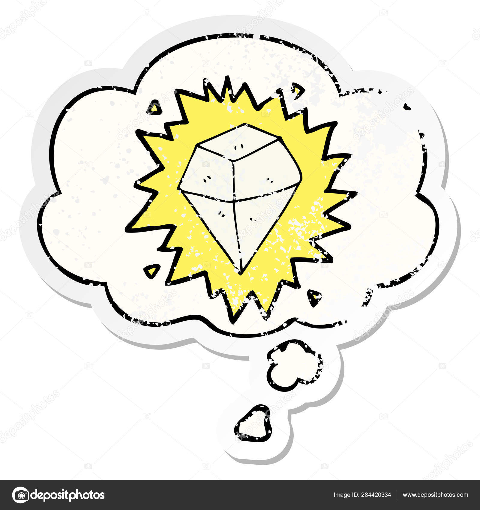 Cartoon shining crystal and thought bubble as a distressed worn Stock ...