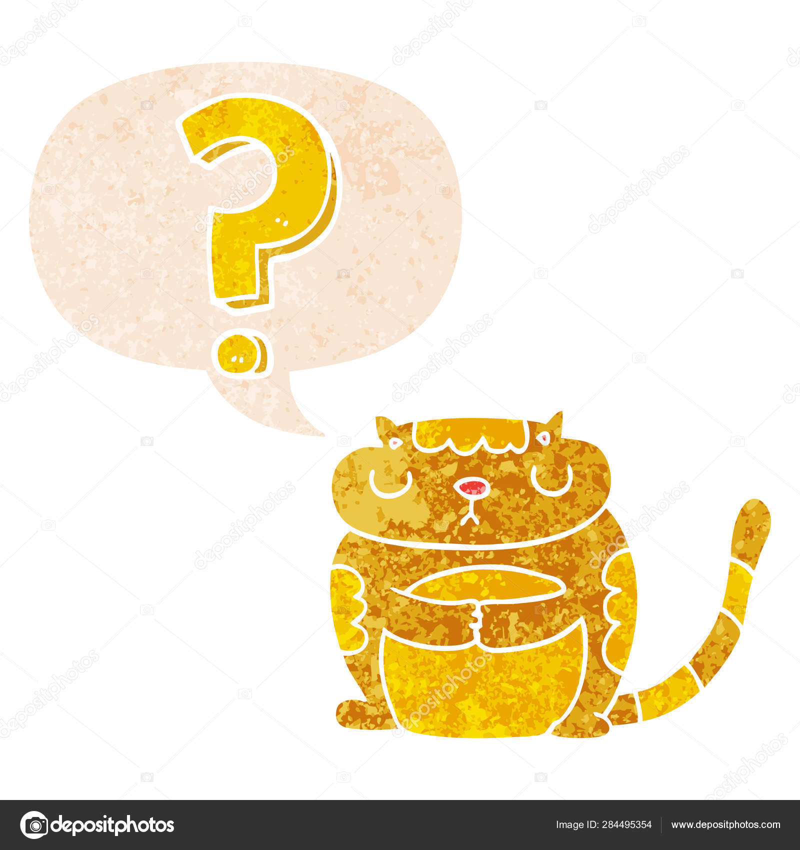 Gato de dibujos animados con signo de interrogación y burbuja del habla ...