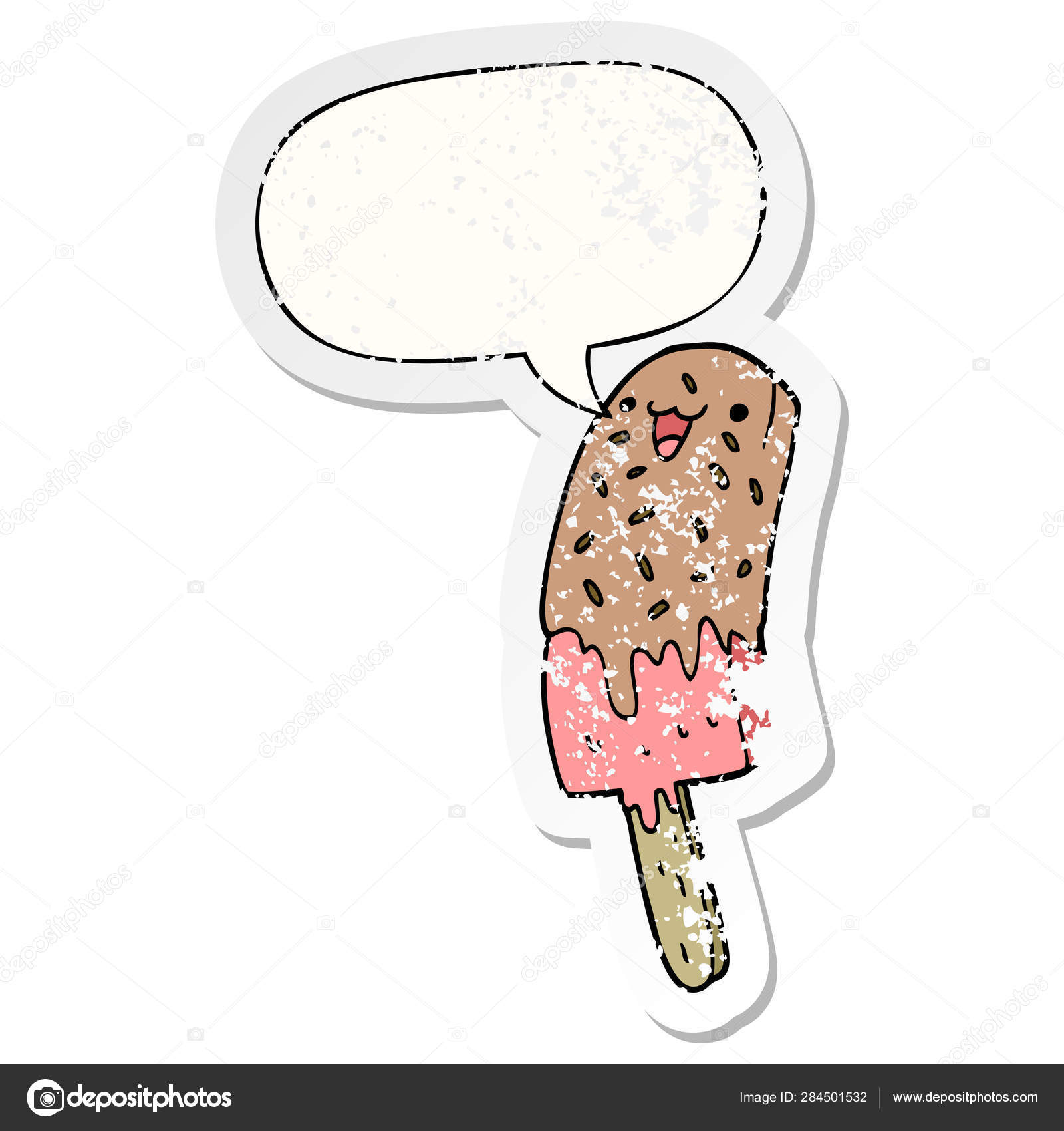 Cute cartoon happy ice lolly and speech bubble distressed sticke Stock ...