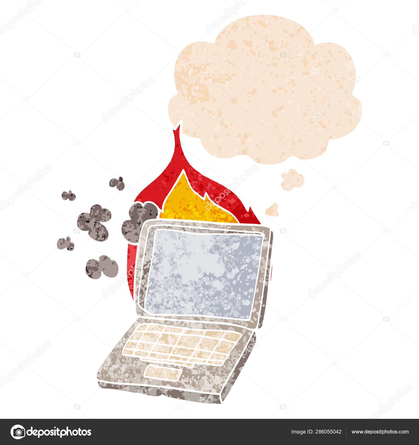 Cartoon broken laptop computer and thought bubble in retro textu Stock ...