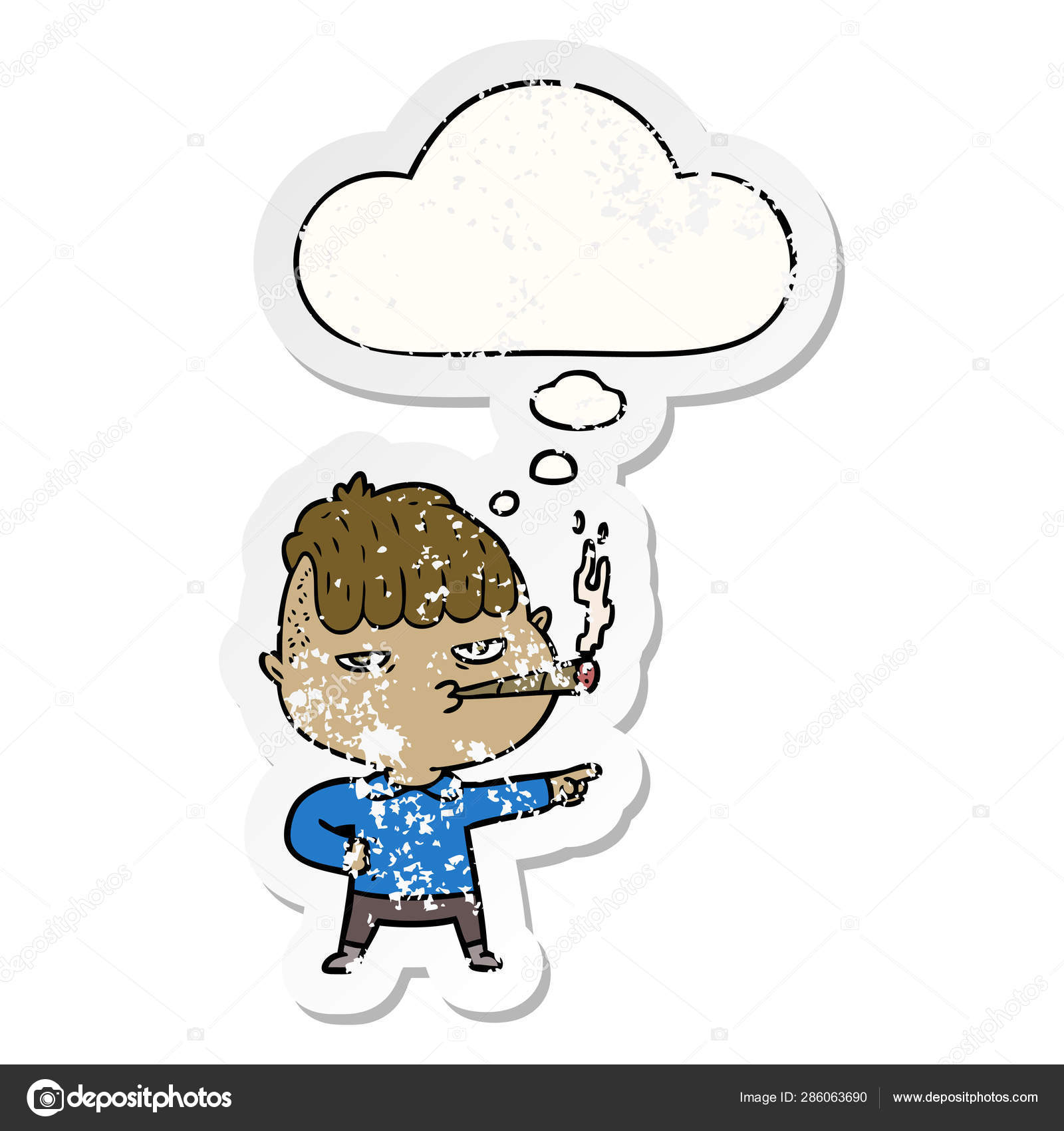 Cartoon man smoking and thought bubble as a distressed worn stic Stock ...