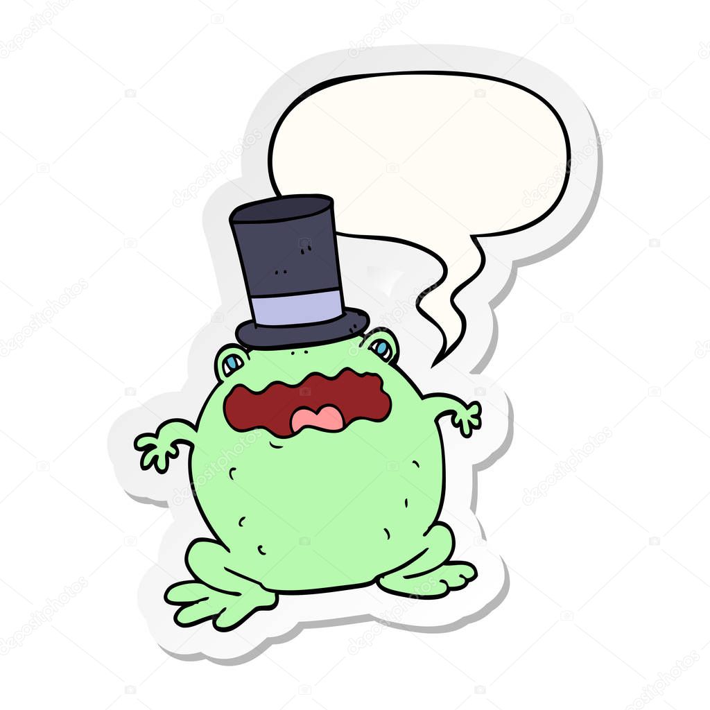 sapo de dibujos animados con sombrero de copa y pegatina de burbuja de ...