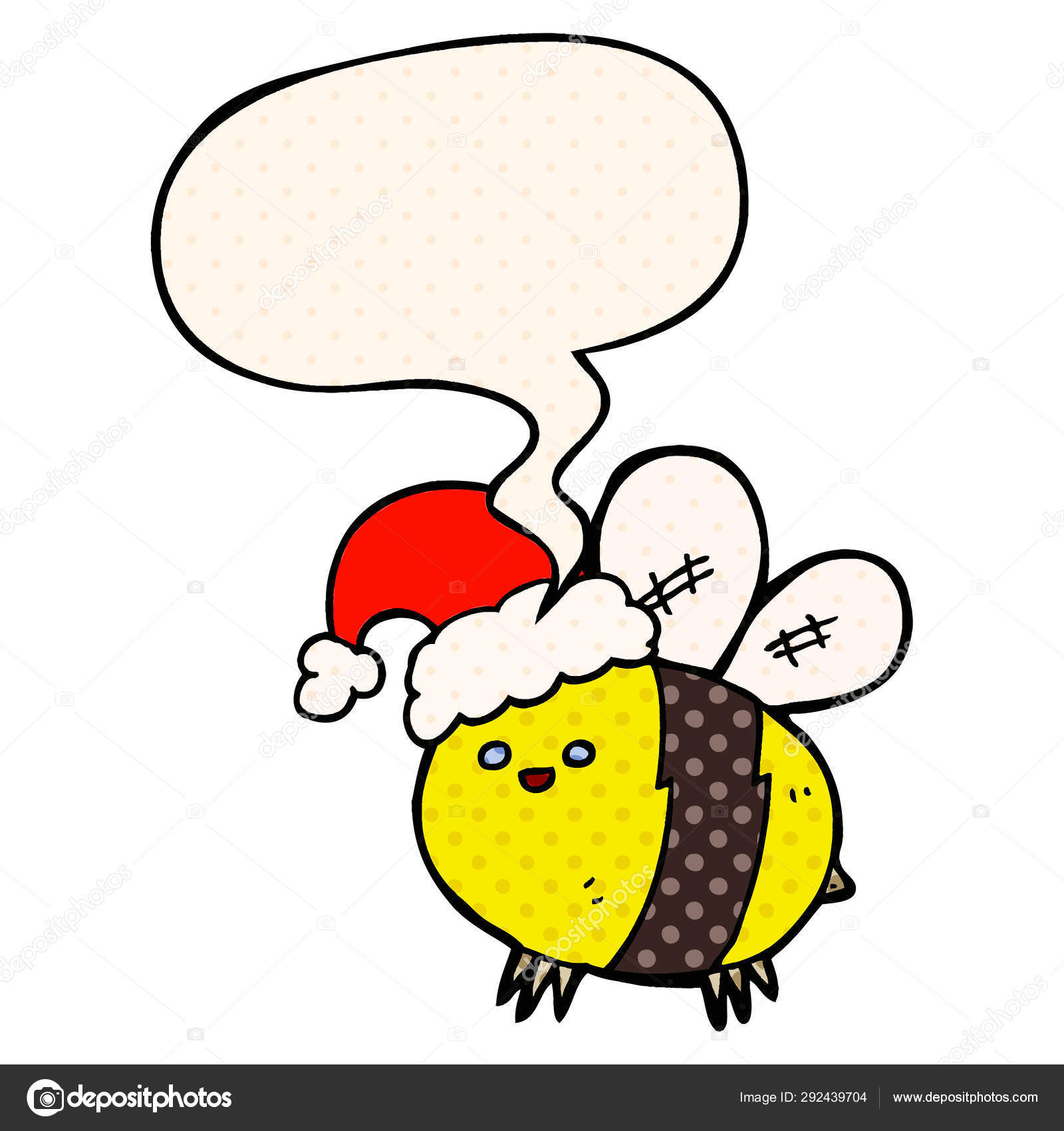 Cute cartoon bee wearing christmas hat and speech bubble in comi Stock ...