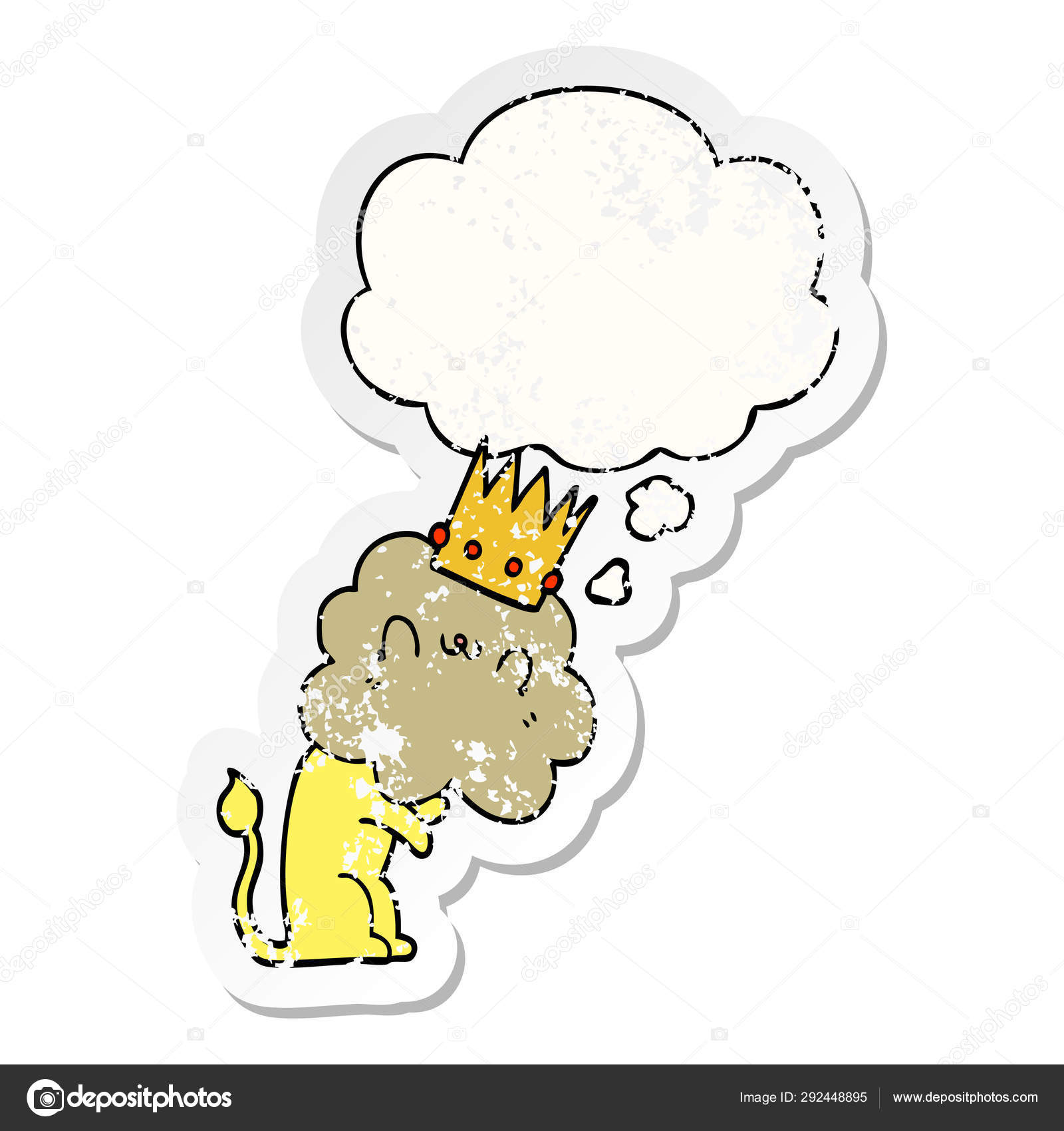 León de dibujos animados con corona y burbuja de pensamiento como un ...