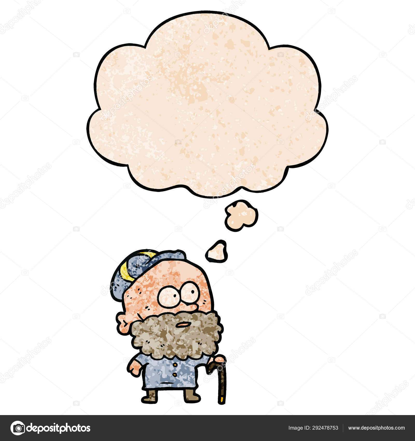 Cartoon Old Man With Walking Stick And Thought Bubble In Grunge Stock