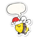 Cute cartoon bee wearing christmas hat and speech bubble in comi Stock ...