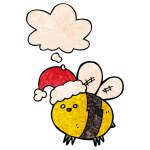 Cute cartoon bee wearing christmas hat and speech bubble in comi Stock ...