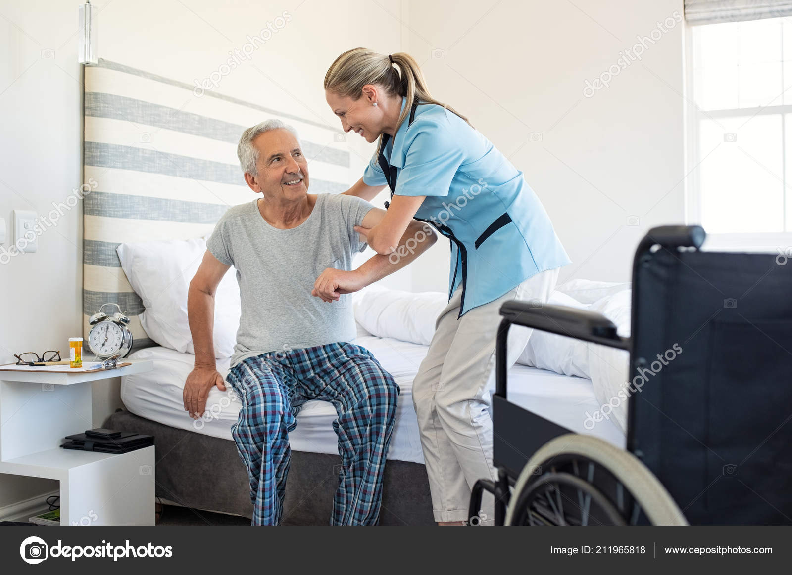 Smiling Nurse Assisting Senior Man Get Bed Caring Nurse Supporting Stock Photo by ©ridofranz ...