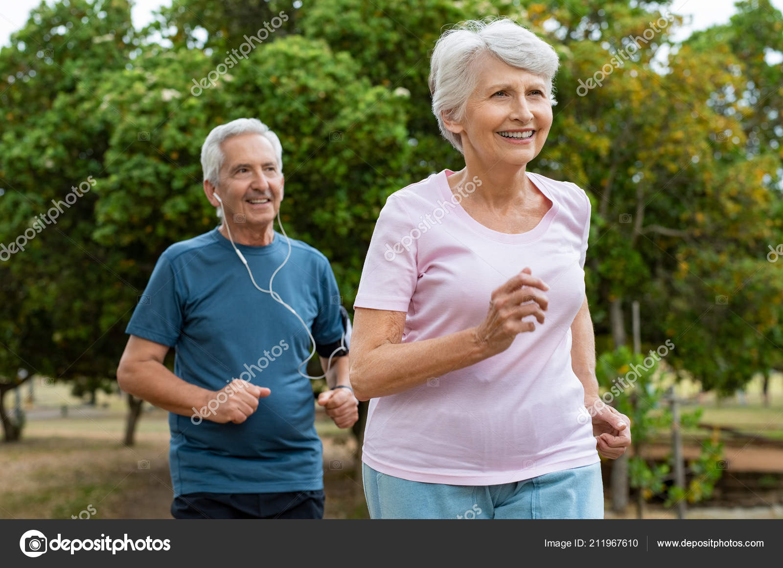Senior Couple Running Park Elderly Man Old Woman Jogging Together ...