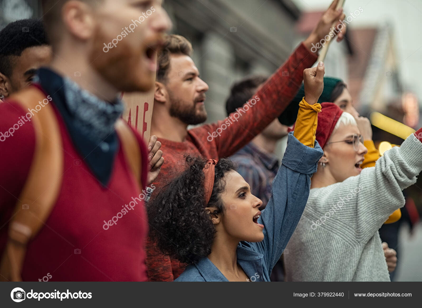 Side View Group Multiethnic People Protesting Outdoors Placards Signs ...