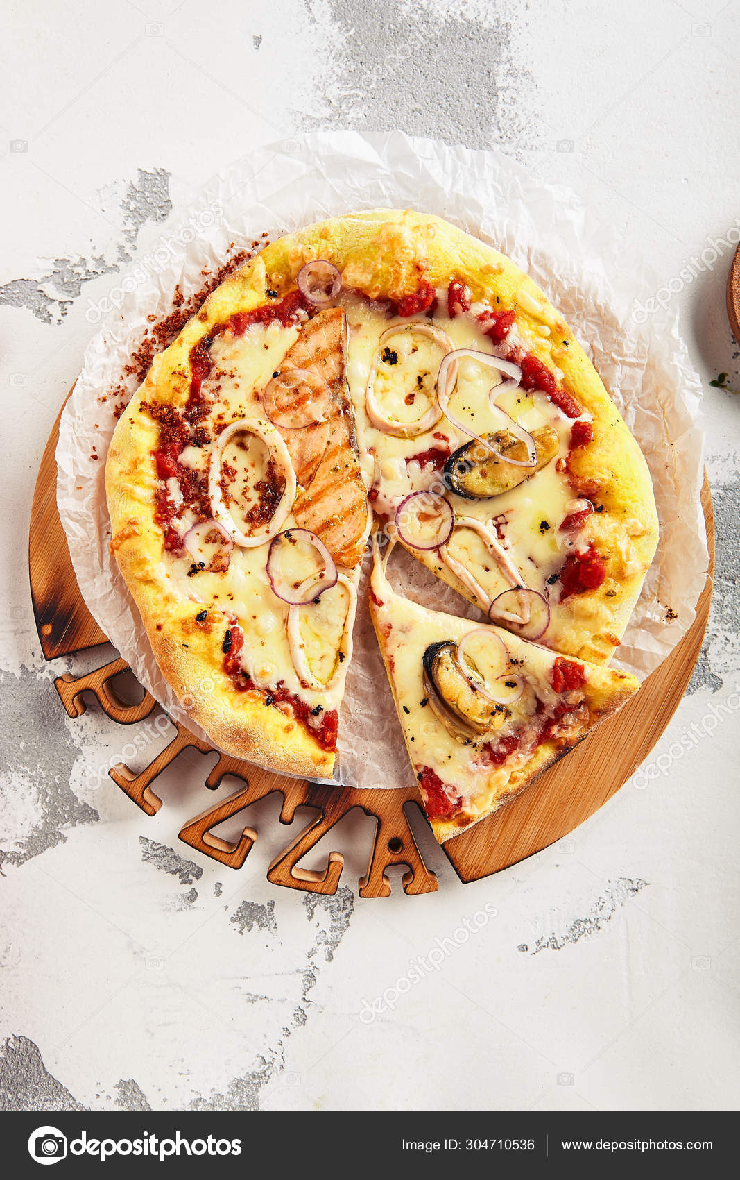 Hot Seafood Pizza Squid Mussels Fish Fillet Wooden Plate Top Stock ...