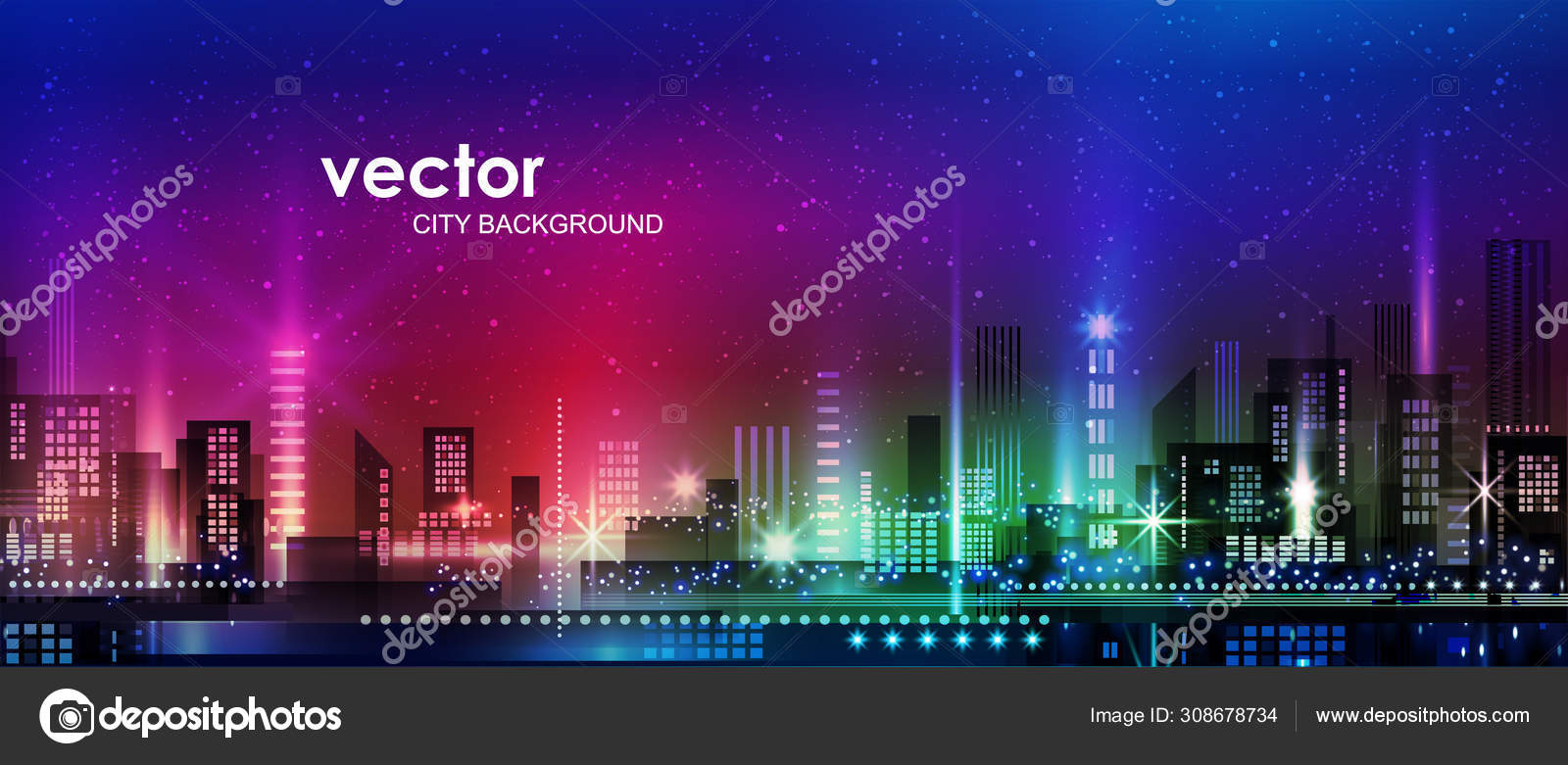 Vector night city illustration with neon glow and vivid colors. Stock ...