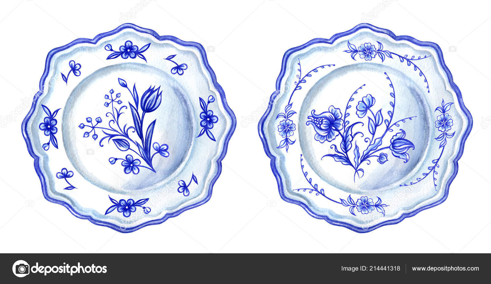 Two Plates Blue Floral Pattern Watercolor Drawing White Background ...