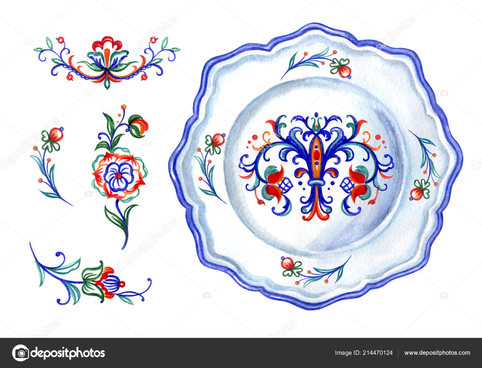 Set Plates Patterns Folk Style Watercolor Drawing White Background ...