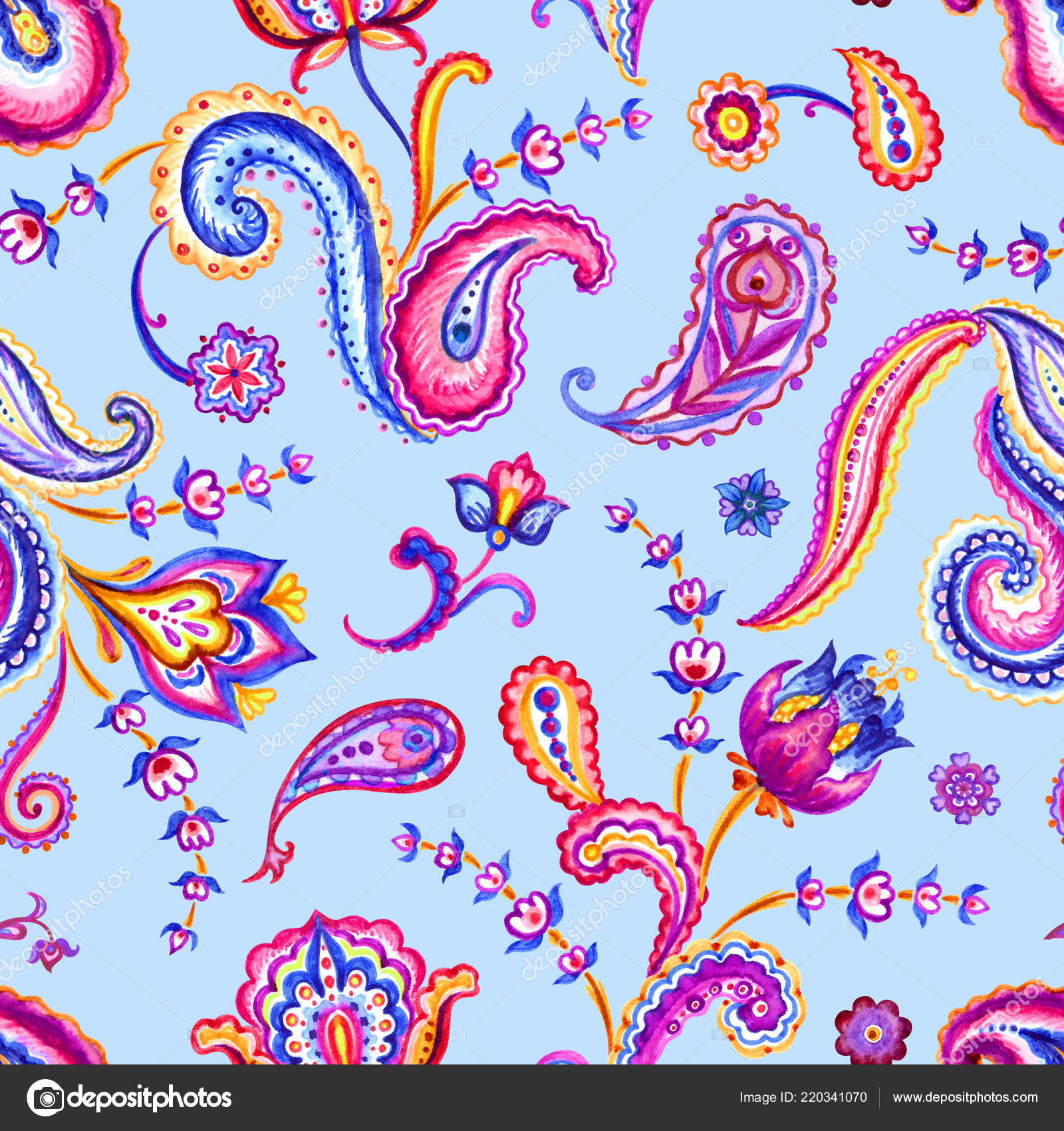 Seamless Paisley Pattern Light Blue Background East Ornament National ...