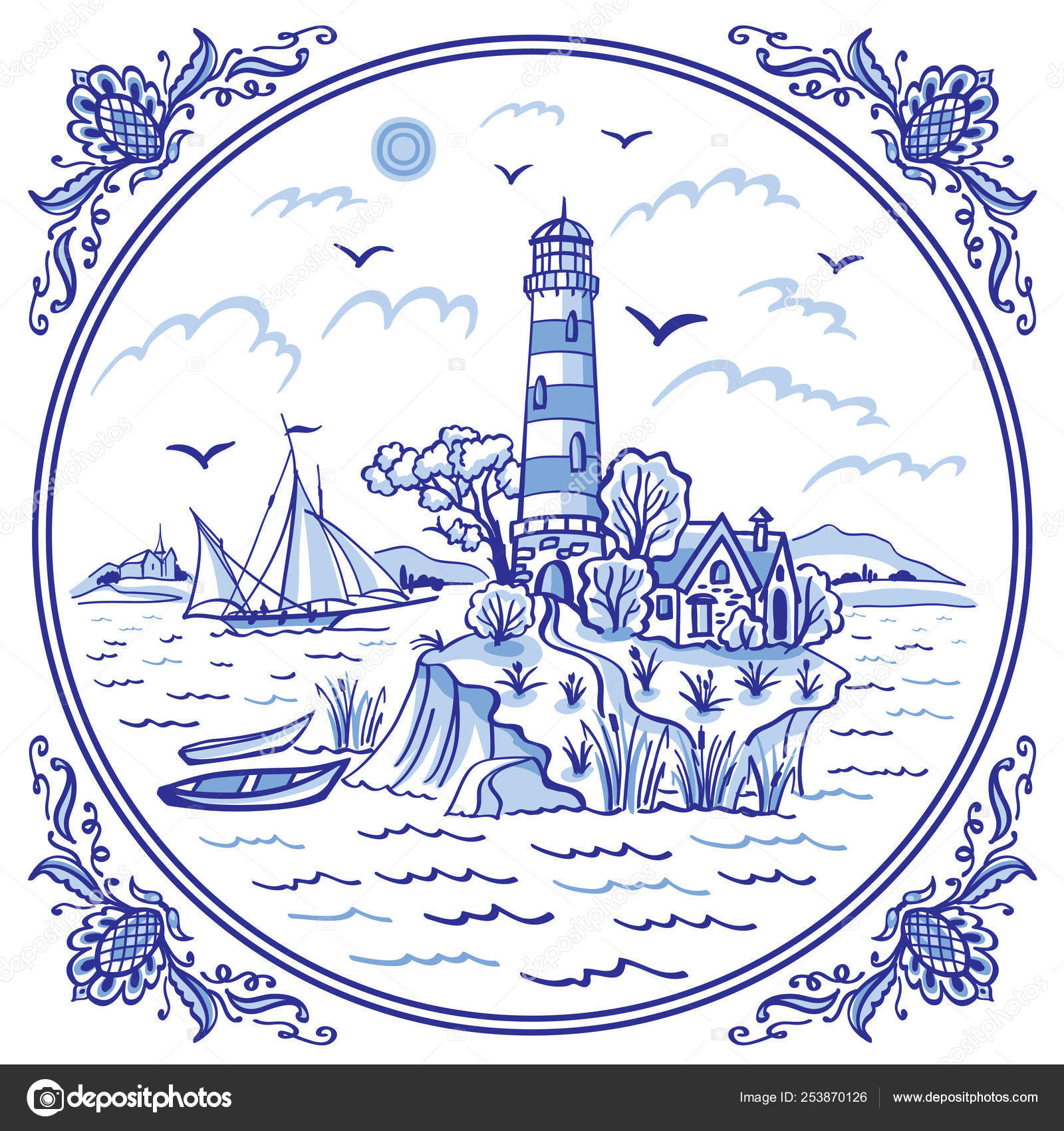 Landscape Lighthouse Ship Boats Cobalt Painting Traditional Dutch Style ...