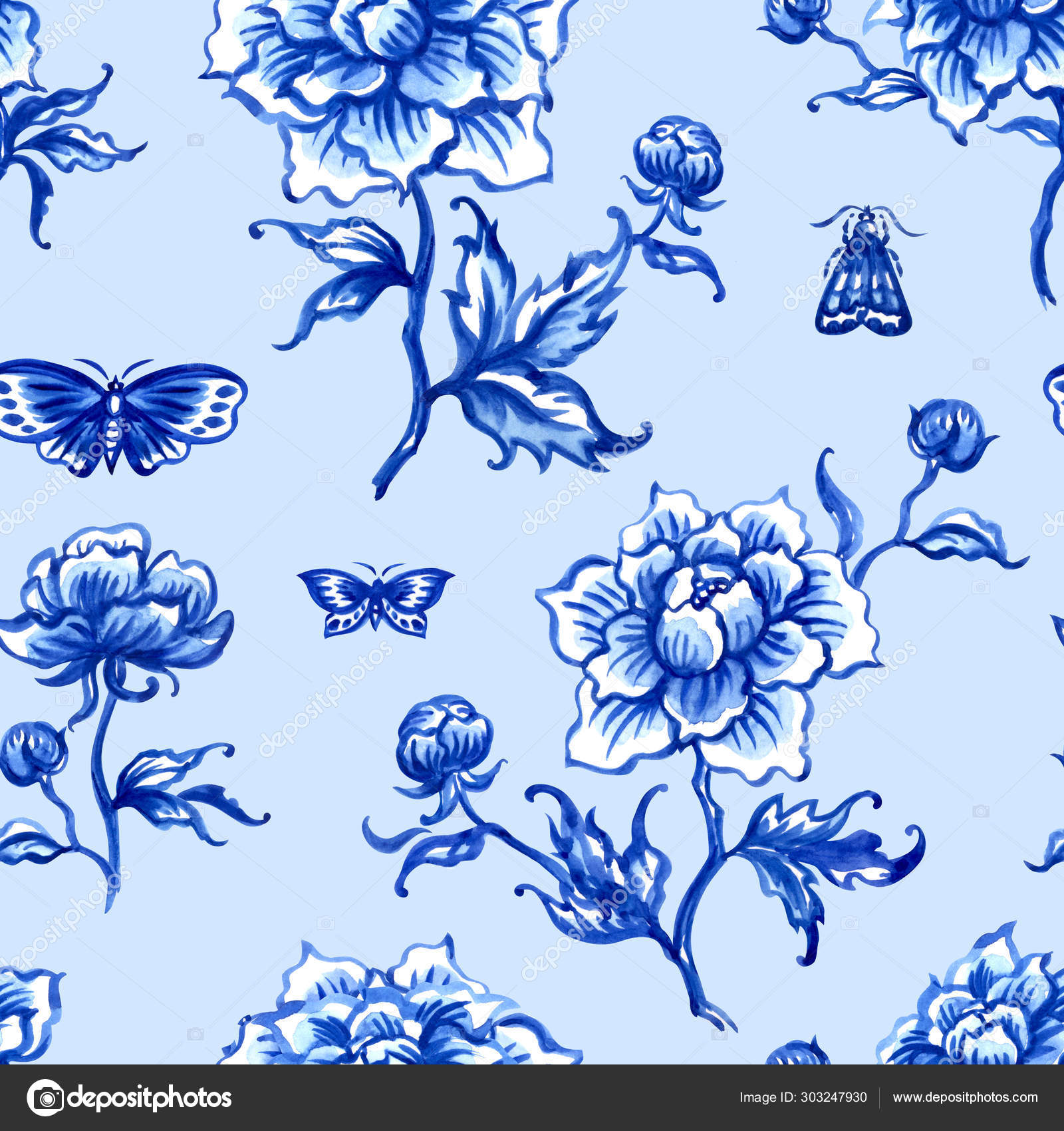 Seamless Pattern Peonies Moths Eastern European Style Blue Background ...