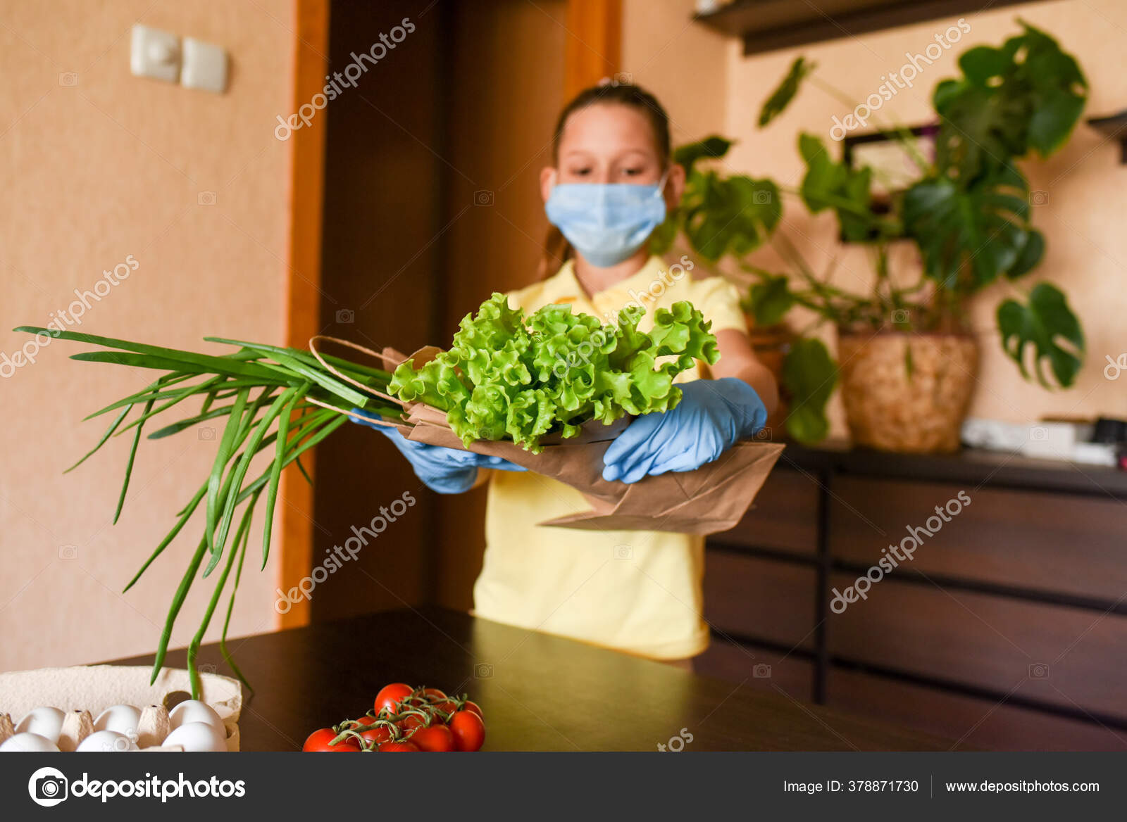 Little Girl Face Mask Quarantine Cooks Kitchen Home Coronavirus Crisis ...