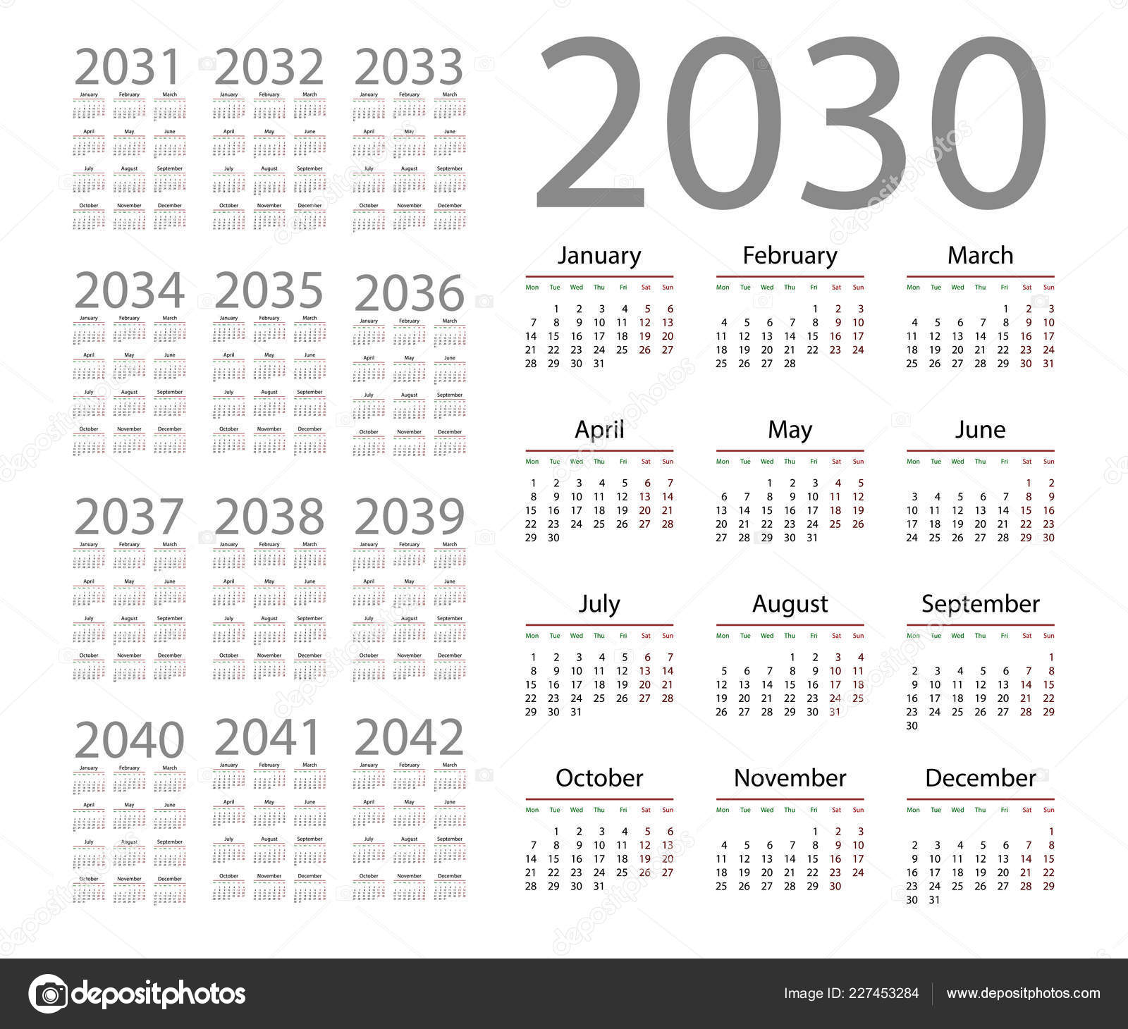 Simple Calendar 2030 White Background Vector Illustration Stock Vector ...