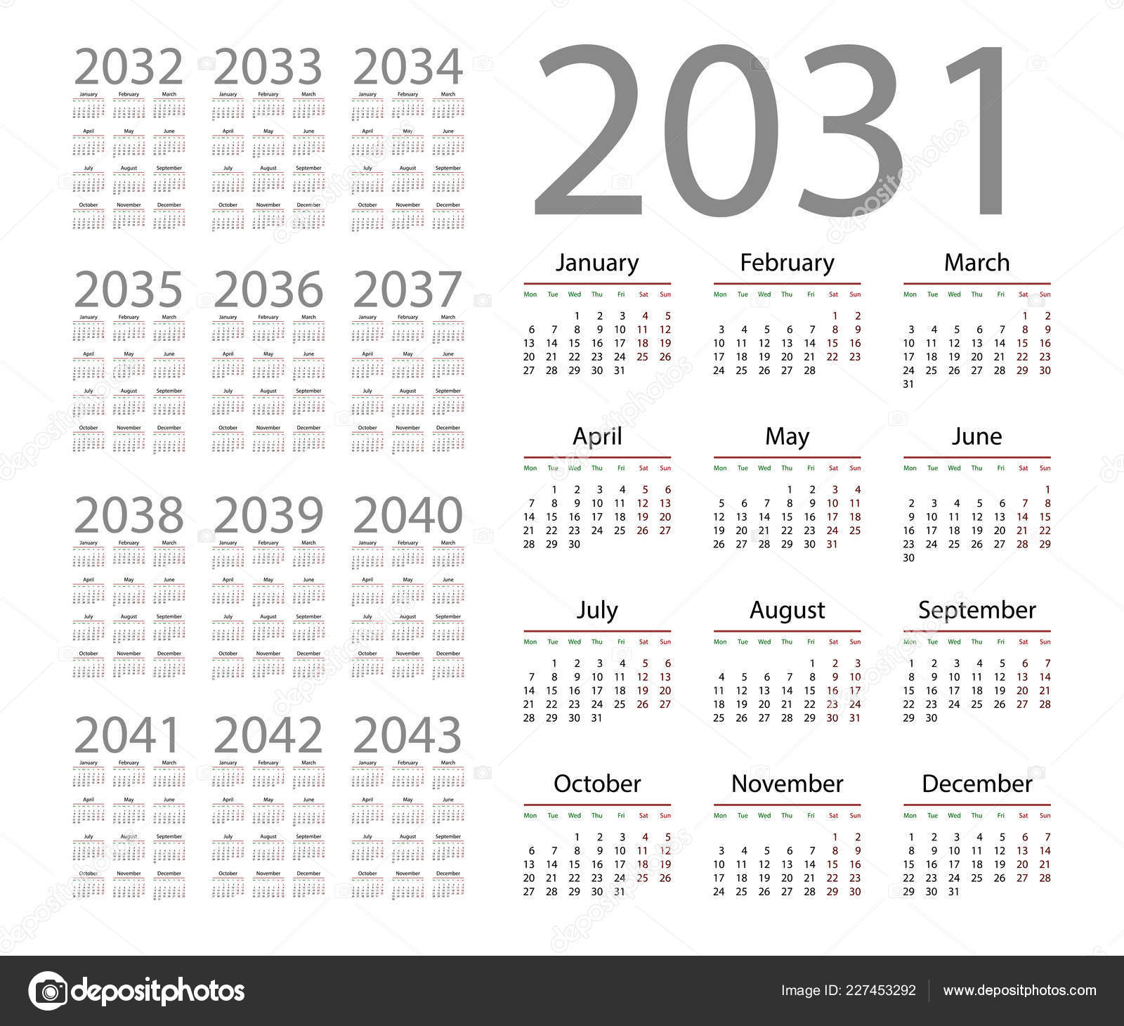 Simple Calendar 2031 White Background Vector Illustration Stock Vector ...