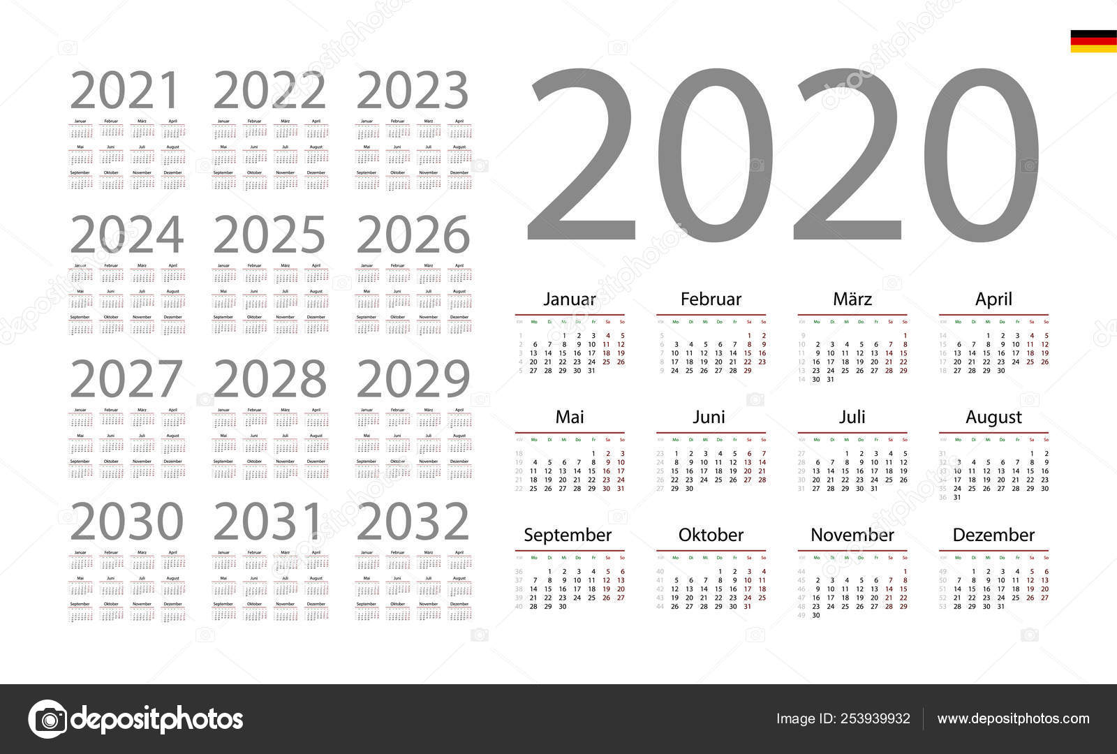 German Calendar for 2020. Week starts on Monday — Stock Vector ...