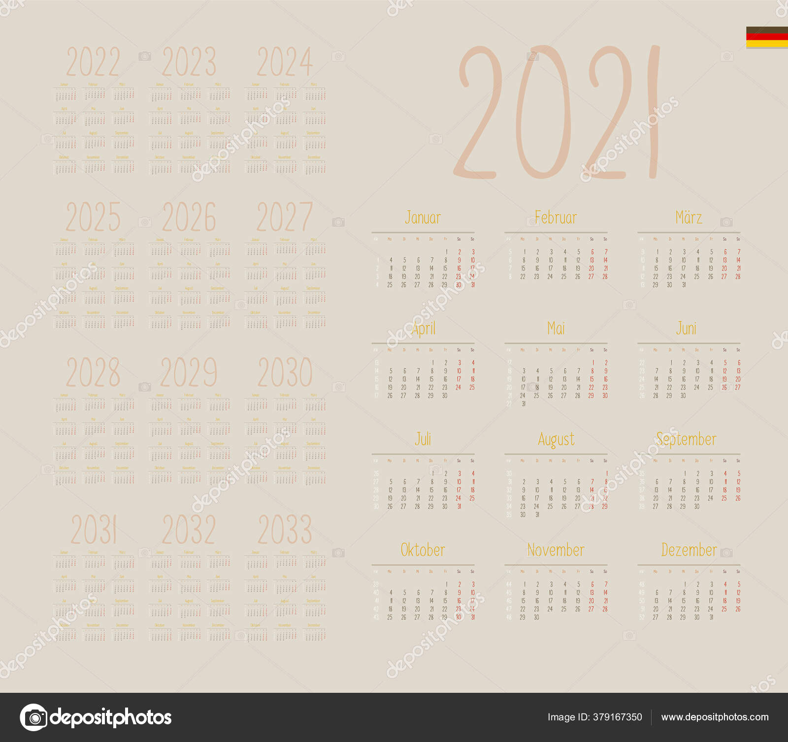 German Calendar 2021 Week Starts Monday Stock Vector by ©tashechka ...