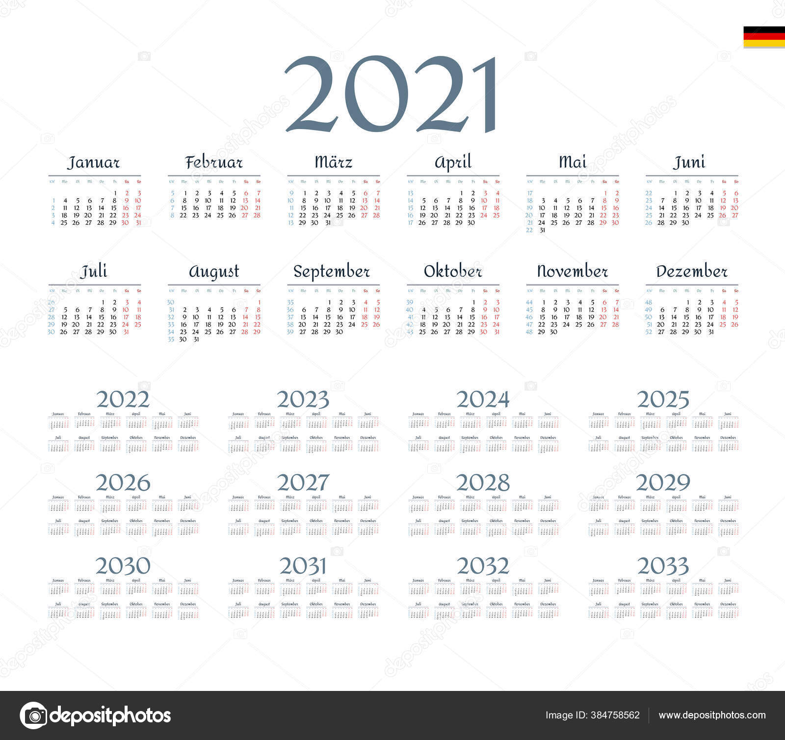 Kalender Jerman Untuk 2021 2033 Minggu Dimulai Pada Hari Senin Vektor ...