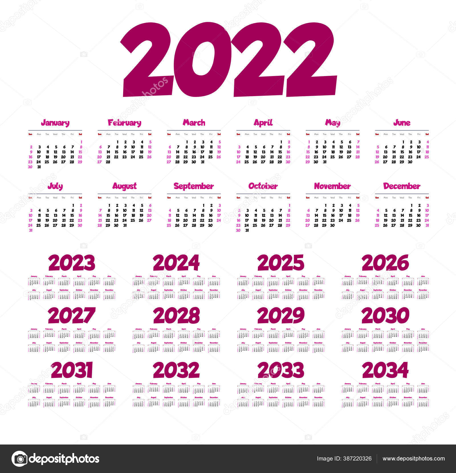 Englischer Kalender Für Die Jahre 2022 2034 Die Woche Beginnt Stock ...