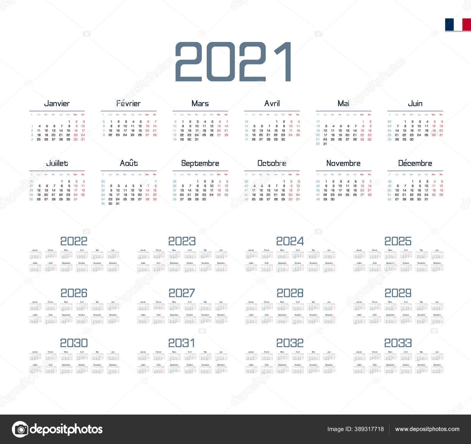 French Calendar 2021 2033 Week Starts Monday Stock Vector by ©tashechka ...