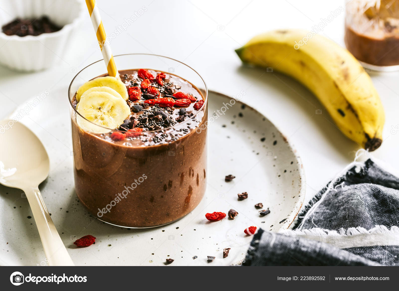 Banana Coconut Water Chia Seed Cacao Smoothie Goji Cacao Nib Stock ...