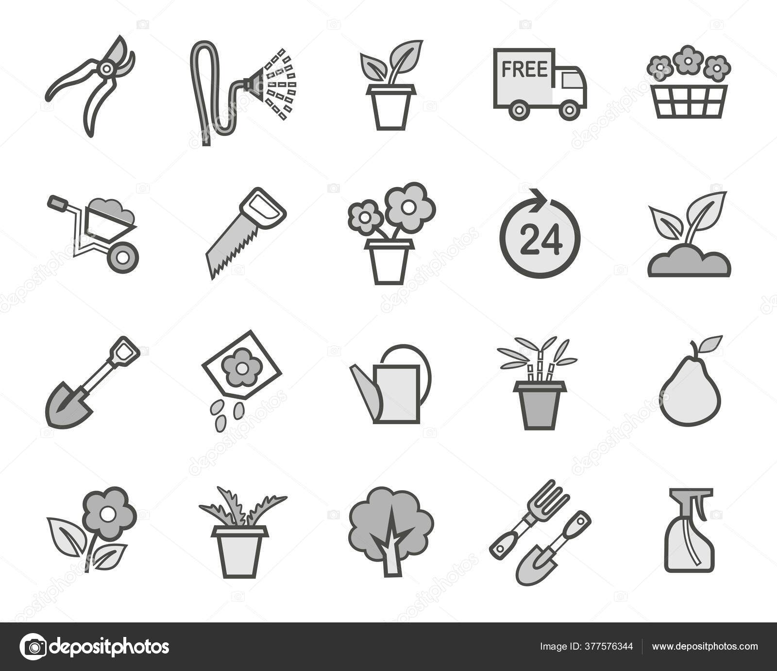 Gardening Landscaping Icons Set Gray Grey Icons Dark Grey Outline Stock ...