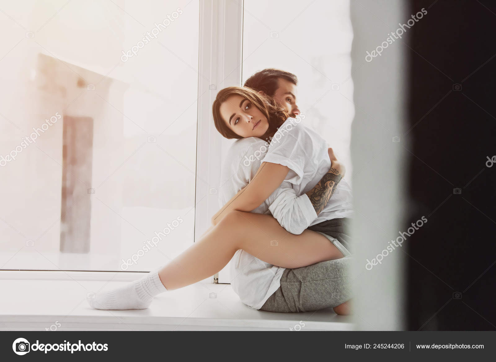 Beautiful Young Romantic Couple Hugging Sitting Window Sill Home Copy