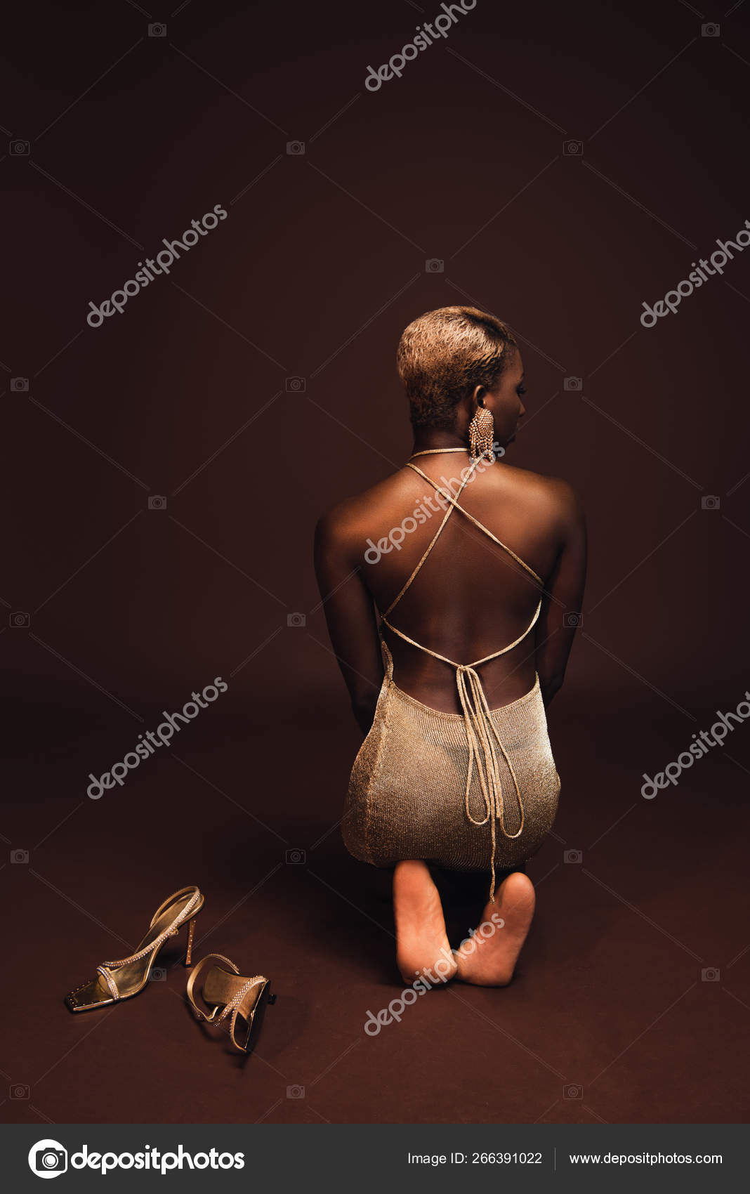 Rear View Barefoot African American Woman Glamorous Dress Brown Stock