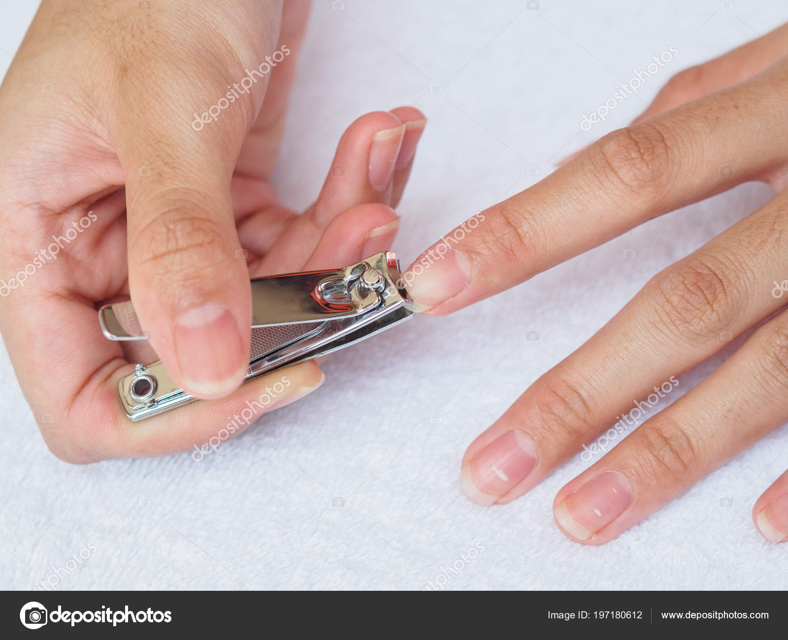Woman Cutting Nails Using Nail Clipper White Background Health ...