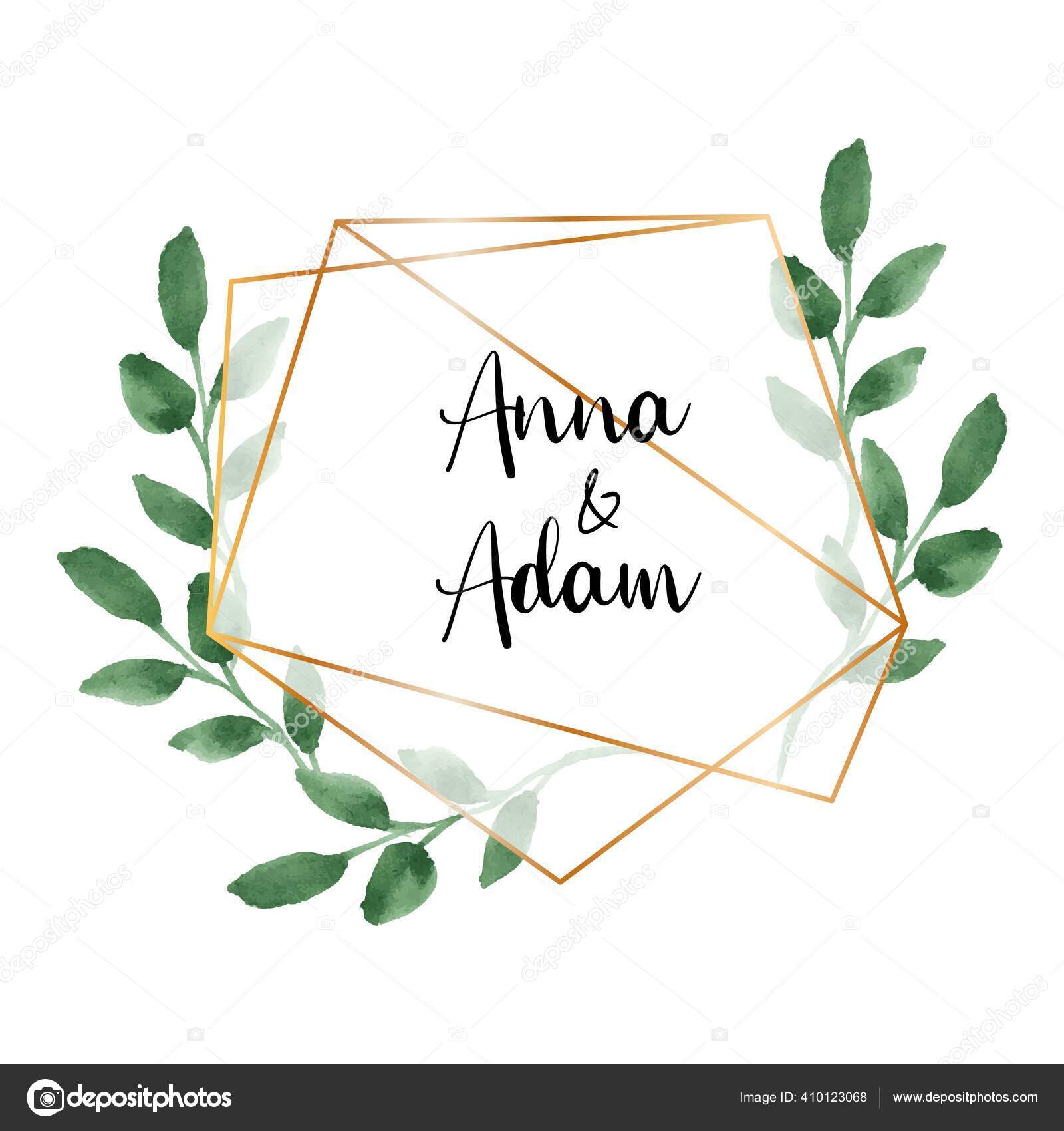Wedding Invitation Frame Watercolor Green Leaves Gold Geometrical ...
