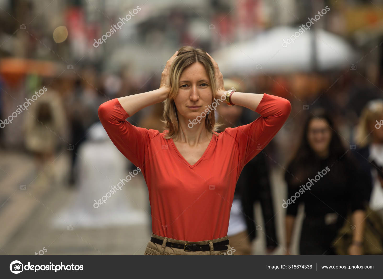 Panic Attack Street Female Covers His Ears Hands Standing Middle ...