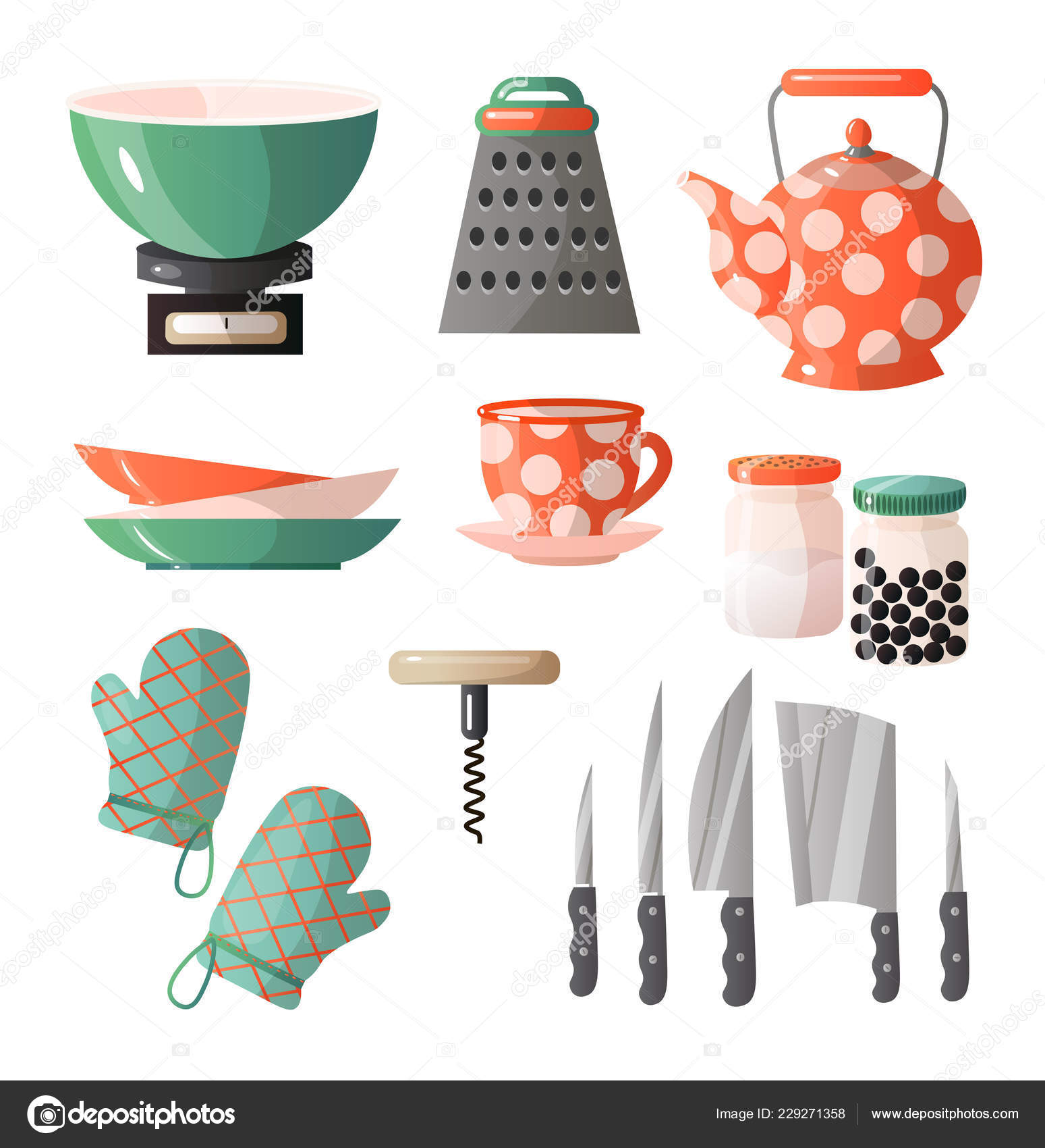 Set of kitchen tools, kitchenware and kitchen appliances. Dishes cups ...