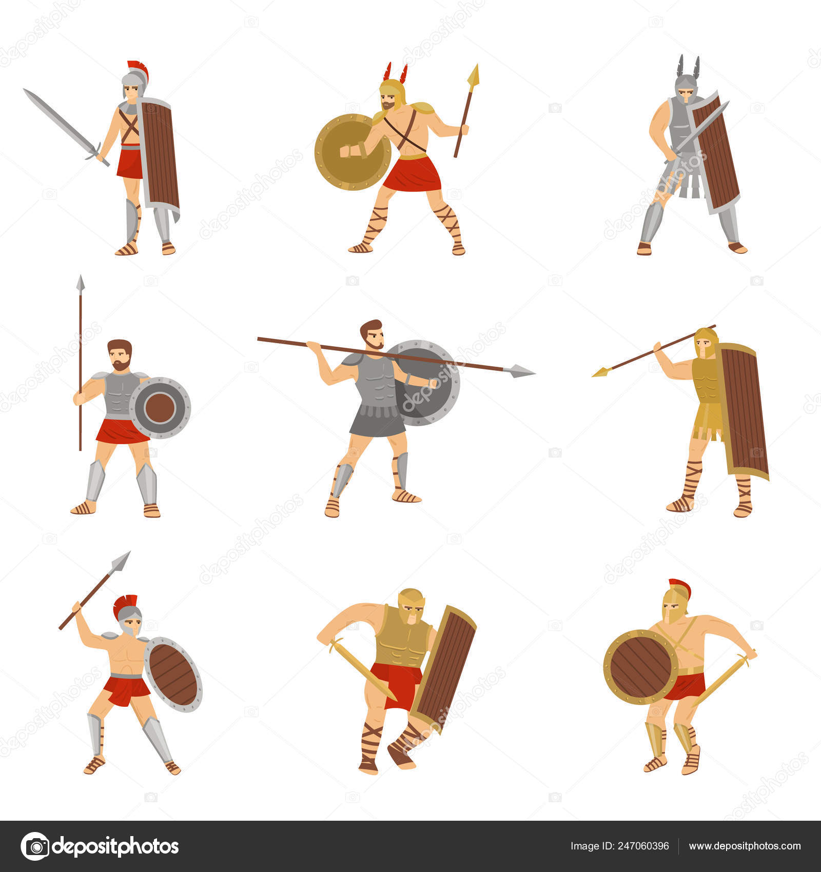Set of roman warriors fighting with different weapons isolated on white ...