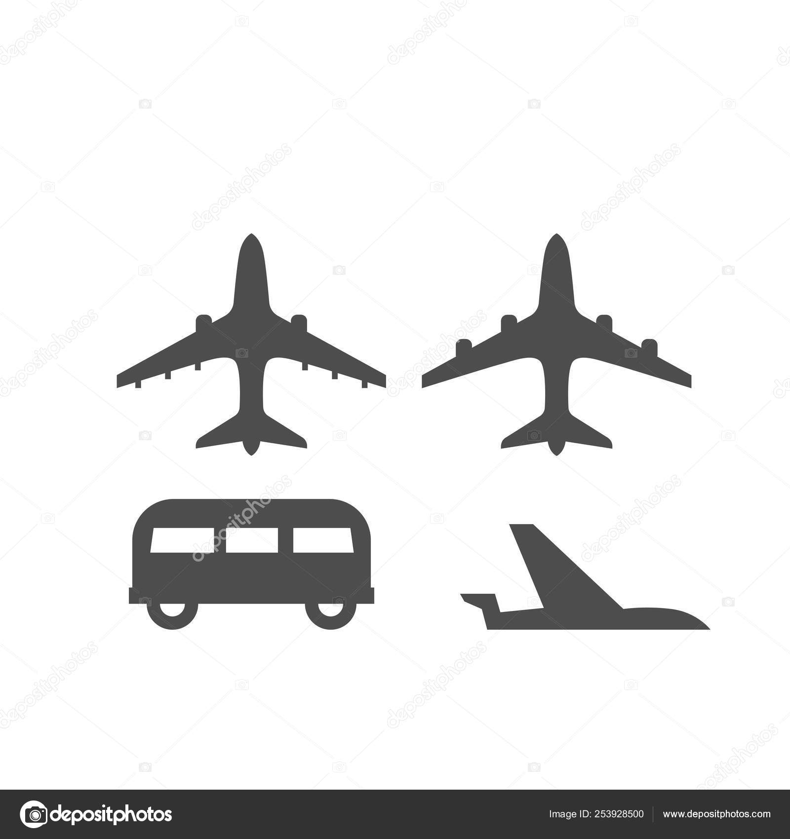 Flat map signs of airplane in different positions and bus isolated on ...