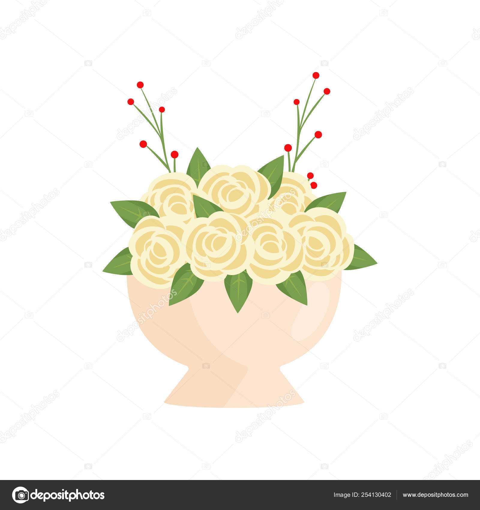 Beautiful ivory color flowers composition in vase on empty background ...