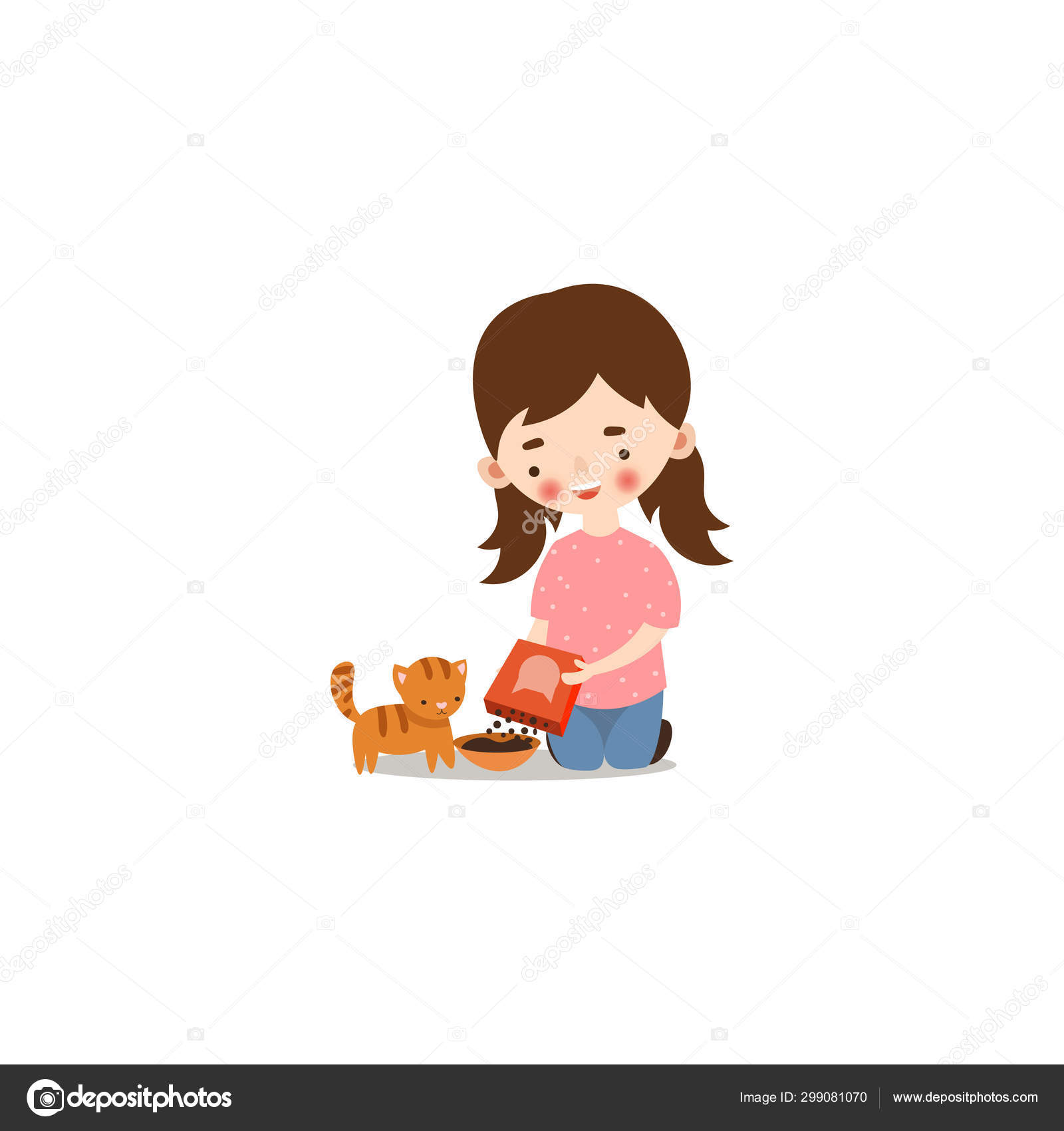 Cute little girl feeding a cat. Raster illustration in flat cartoon ...
