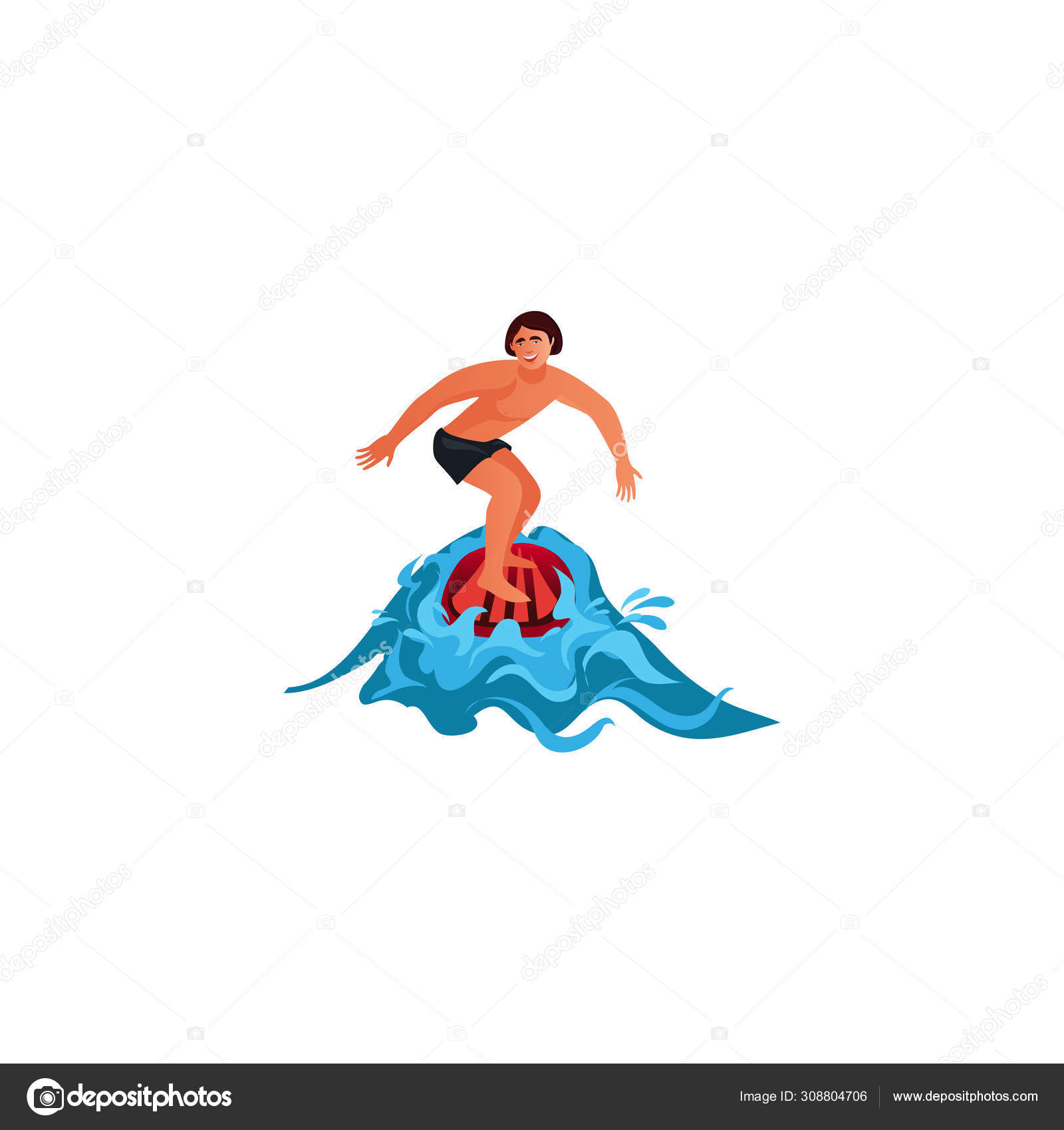 Surfer riding the wave. Raster illustration in flat cartoon style Stock ...