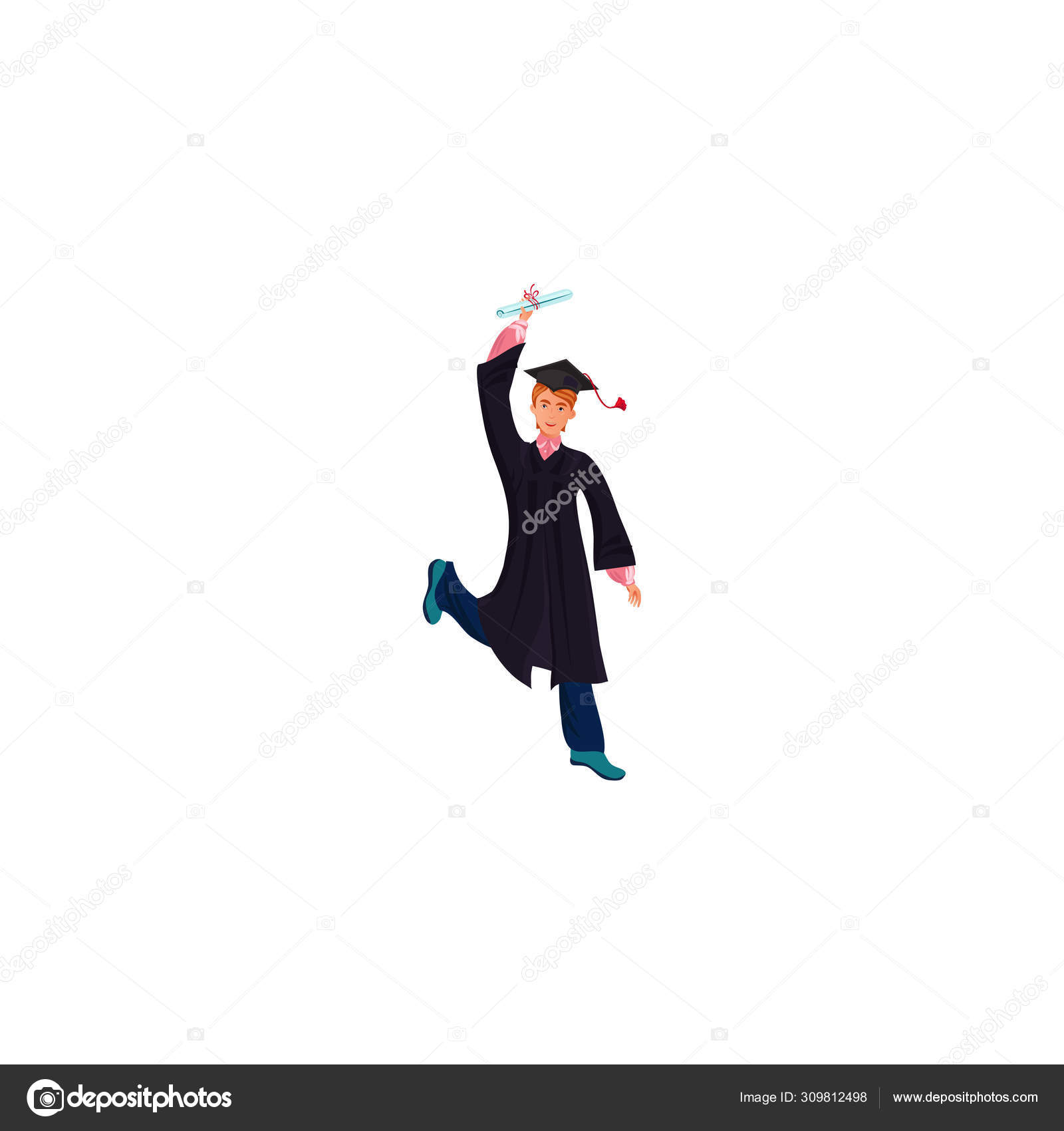Young graduate joyfully bounce vector illustration in flat cartoon ...