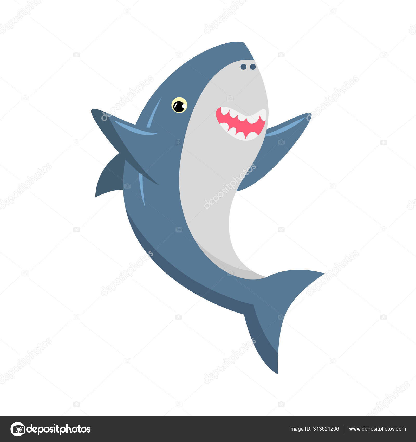 Cute smiling blue shark with sharp teeth. Vector illustration isolated ...